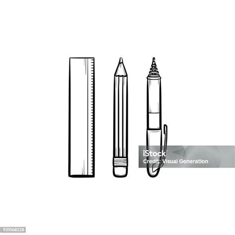 Penggaris Alat Tulis Dan Ikon Sketsa Yang Digambar Dengan Tangan Pensil