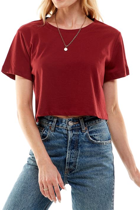 Womens Boxy Crop Top Round Neck Short Sleeve Casual 100 Cotton
