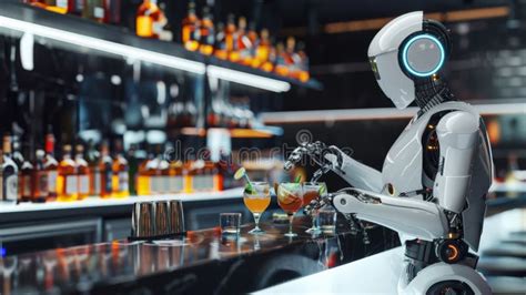 Robot Bartender Preparing Cocktails In A High Tech Bar Environment