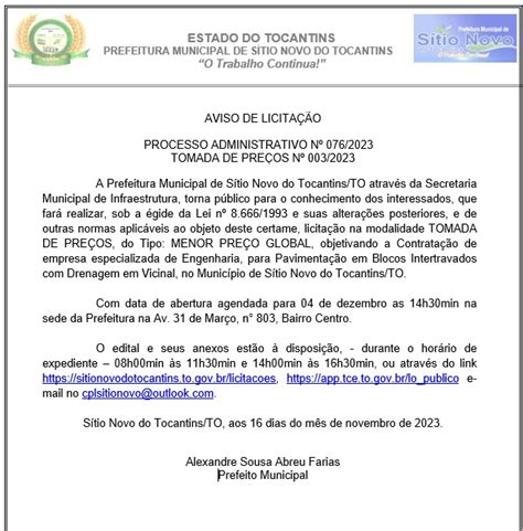 Prefeitura SÍtio Novo Do Tocantins Aviso De LicitaÇÃo Folha Do Bico