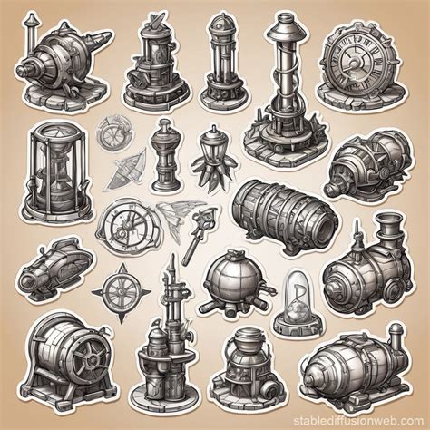 Pencil Sketch Of Concept Designs For Steampunk Platformer Game Stable