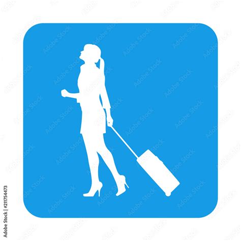 Icono plano silueta mujer con maleta con ruedas en cuadrado azul Stock イラスト Adobe Stock