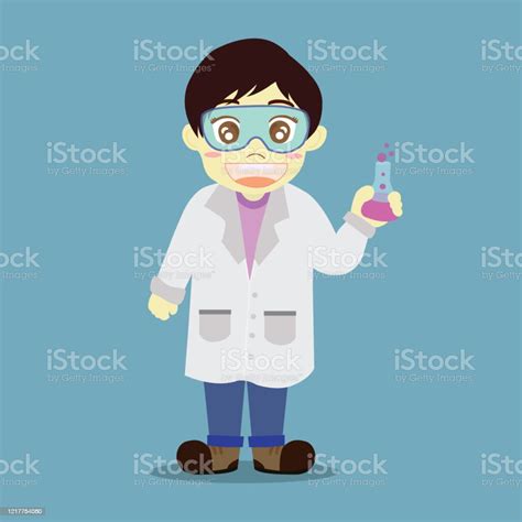 만화 벡터 과학자 소년 디자인 캐릭터 흰색 실험실 코트와 고글을 입고 블루 배경으로 고립 된 쾌활한와 그의 손에 Erlenmeyer 플라스크 용매를 들고 3차원 형태에 대한
