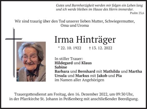 Traueranzeigen von Irma Hinträger trauer merkur de