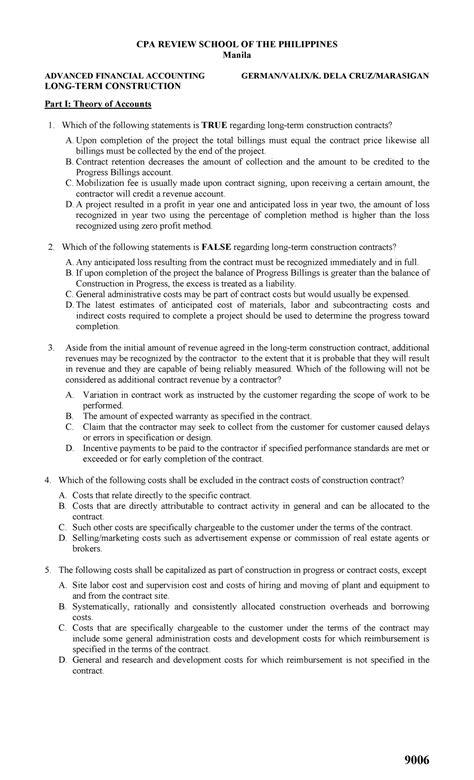 Long Term Construction Contracts Cpa Review School Of The Philippines
