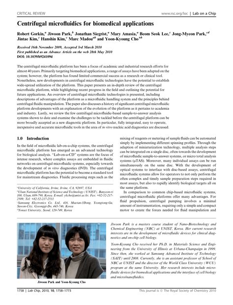 Pdf Centrifugal Microfluidics For Biomedical Applications