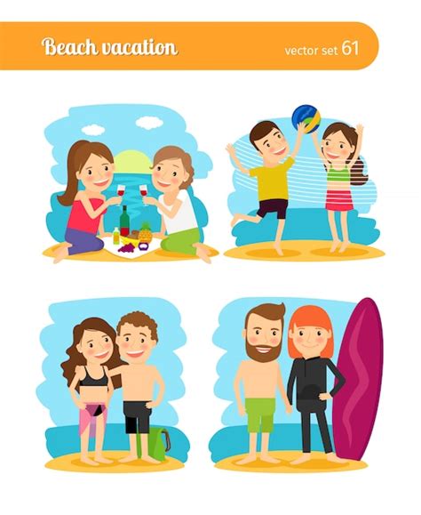 해변 휴가에 사람들 프리미엄 벡터