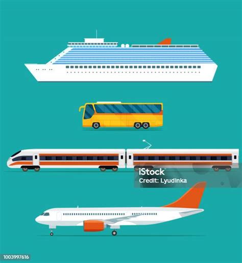여행 교통의 집합입니다 유람선 버스 기차 비행기 벡터 평면 스타일 일러스트 개체 그룹에 대한 스톡 벡터 아트 및 기타 이미지 개체 그룹 관광 교통수단 Istock