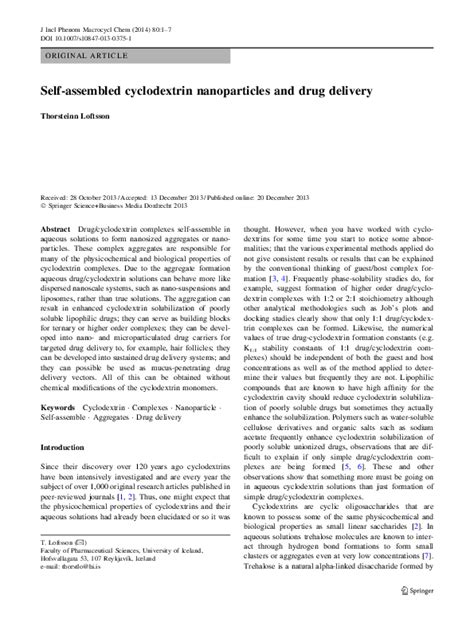 Pdf Self Assembled Cyclodextrin Nanoparticles And Drug Delivery