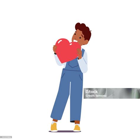 큰 빨간 심장을 손에 들고 있는 어린 소년 캐릭터 사랑 기증 장기 이식의 개념 행복한 아이 감탄에 대한 스톡 벡터 아트 및 기타
