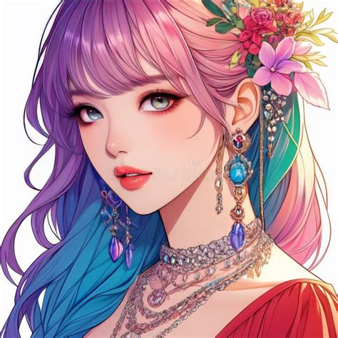 Beautiful Girl With Pink Hair And Flowers In Her Hair Vector