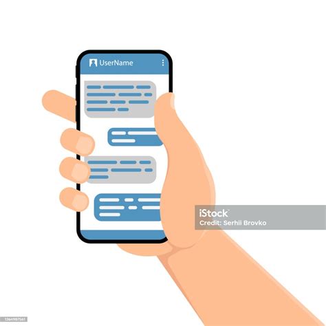 화면에 메시지 차트와 스마트 폰을 들고 남성 손 벡터 그림입니다 Brand Name Online Messaging Platform에 대한 스톡 벡터 아트 및 기타 이미지
