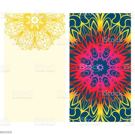 만다라 꽃 패턴으로 초대 또는 카드 템플릿 결혼식 인사말 카드 생일 초대장 전면 및 후면입니다 벡터 일러스트 레이 션 Empire에 대한 스톡 벡터 아트 및 기타 이미지