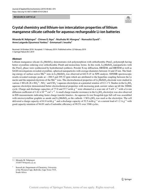 Crystal Chemistry And Lithium Ion Intercalation Properties Of Lithium Manganese Silicate Cathode