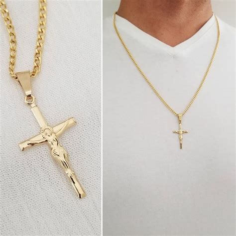 Mens Gold Cross Necklace 18k Gold Filled Pendant Chain Etsy