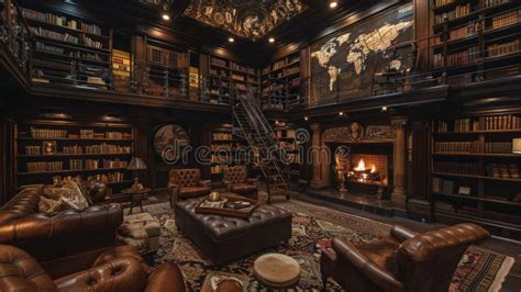 Luxurious Library With Tall Bookshelves Sliding Ladder Fireplace