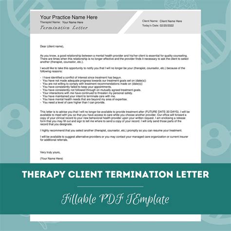 Therapy Client Termination Letter Editable Fillable PDF Template For
