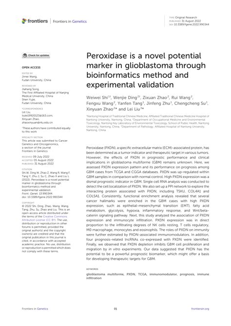 Pdf Peroxidase Is A Novel Potential Marker In Glioblastoma Through