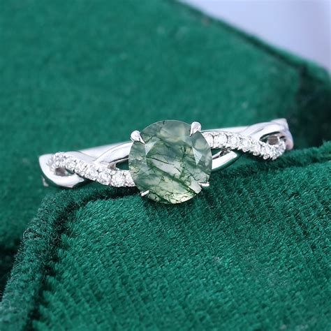 Round Cut Moss Agate Promise Ring Crossover Shank Engagement Ring