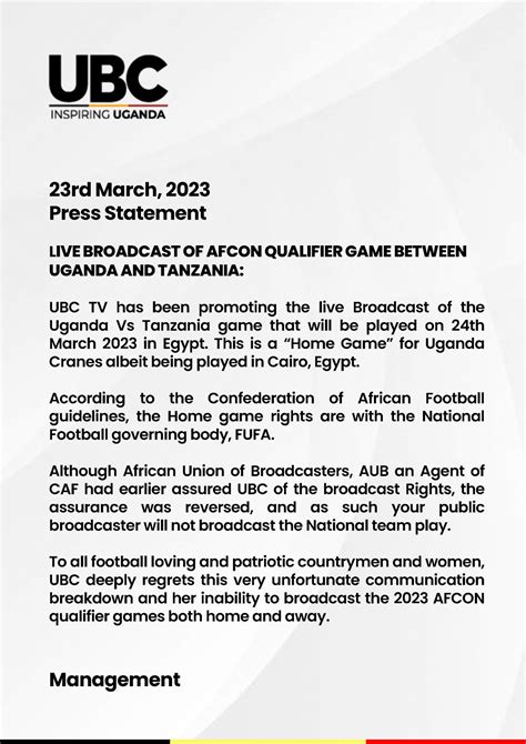 Ubc Uganda On Twitter Press Statement Live Broadcast Of Afcon