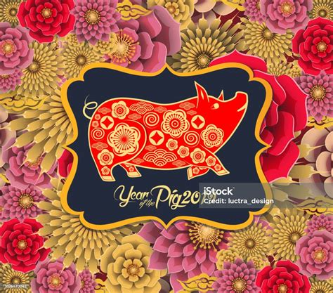 행복 한 중국 새 해 2019 조디악 로그인 골드 종이 잘라 예술과 공예 스타일 컬러 배경 새 해 복을 의미 하는 한자 0명에 대한 스톡 벡터 아트 및 기타 이미지 Istock