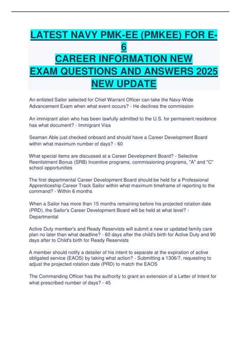Latest Navy Pmk Ee Pmkee For E 6 Career Information New Exam Questions And Answers 2025 New