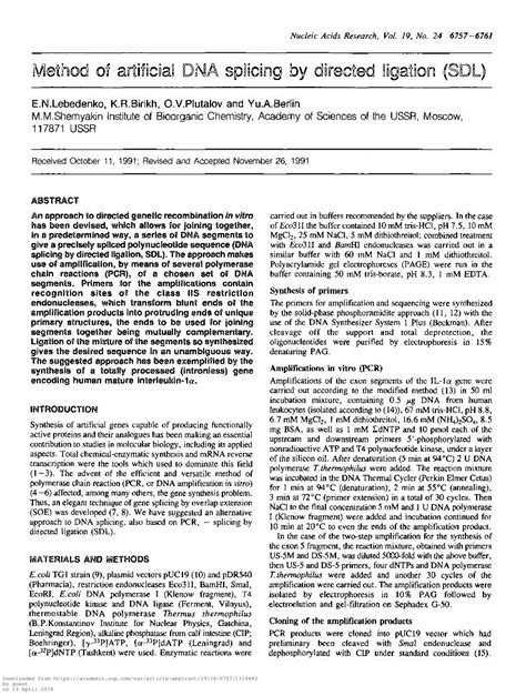 Pdf Method Of Artificial Dna Spling By Directed Ligation Sdl Dokumentips