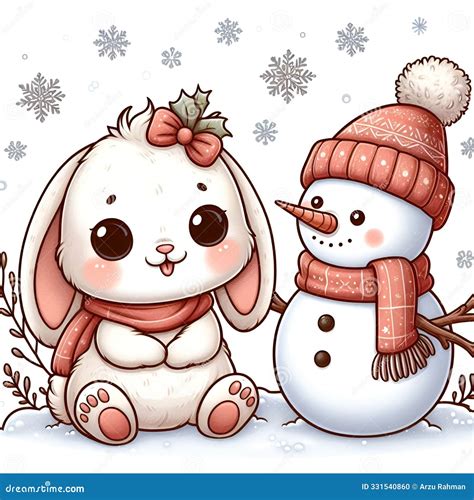 A Cute Cartoon Bunny With A Snowman Stock Illustration Illustration