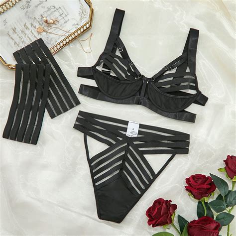 Multiple Straps Lingerie Set Bra Garter Thong Etsy