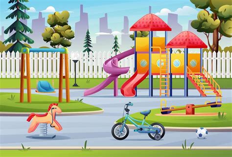 Parque Infantil Parque Público Paisaje Con Tobogán Columpio Bicicleta