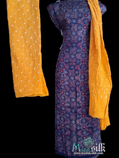 Blue Golden Modal Silk Bandhani Dress Material Ajrak Modal Silk