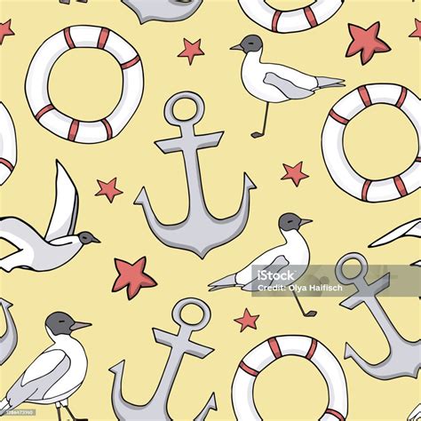 앵커 갈매기 및 구명 부표가있는 벡터 원활한 패턴 노란색 모래 배경에 만화 항해 요소 여름 여행 직물 인쇄 표지 장식 벽지에 대한 귀여운 어린이 그림 갈매기에 대한 스톡