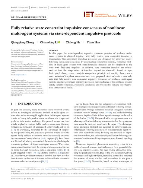 Pdf Fully Relative State Constraint Impulsive Consensus Of Nonlinear Multi‐agent Systems Via