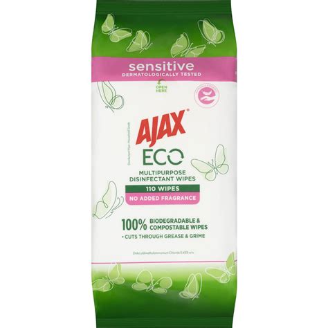 Ajax Eco Sensitive Disinfectant Cleaning Wipes Fragrance Free 110 Pack