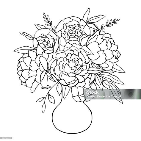 흰색 배경에 꽃병 검은 윤곽에 모란의 꽃다발 성인과 어린이를위한 귀여운 색칠 공부책 디자인 벡터 일러스트레이션을 위한 색상 스케치 색칠놀이 책에 대한 스톡 벡터 아트 및