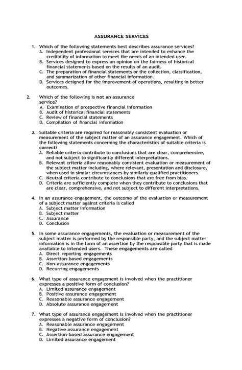 Auditing Theory Answer KEY ASSURANCE SERVICES Which Of The Following Statements Best