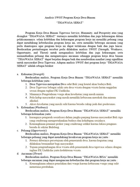 Analisis Swot Program Kerja Desa Binaan Tigawasa Sehat Pdf