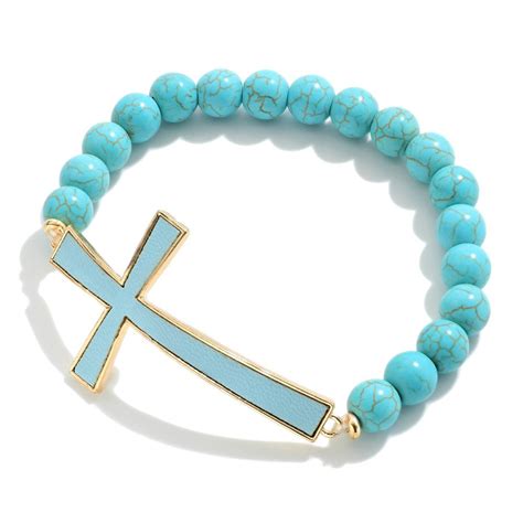 Beaded Bracelet With Leather Cross Blueberry Kisss