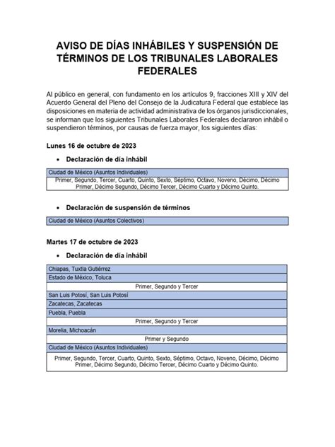 Aviso De Días Inhábiles Pjf 2023 Pdf México Juez