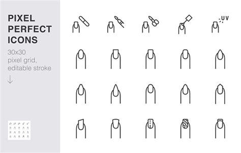 매니큐어 라인 아이콘 세트 손톱 모양 유형 둥근 프랑스어 발레리나 스틸레토 젤 광택 최소 벡터 일러스트 레이 션 뷰티 살롱 앱 Ui 30x30 픽셀 완벽한 편집 가능한