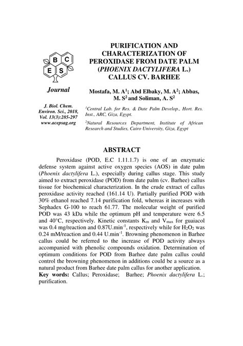 Pdf Purification And Characterization Of Peroxidase From Date Palm Phoenix Dactylifera L
