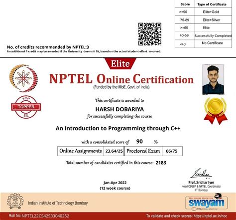 Nptel Programming Cpp Achievement Iitbombay Harsh Dobariya