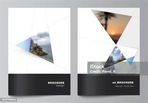 A4 형식의 벡터 레이아웃 현대 커버 모형 브로셔 잡지 전단지 소책자 보고서에 대한 템플릿을 디자인합니다 파란색 삼각형과 삼각형