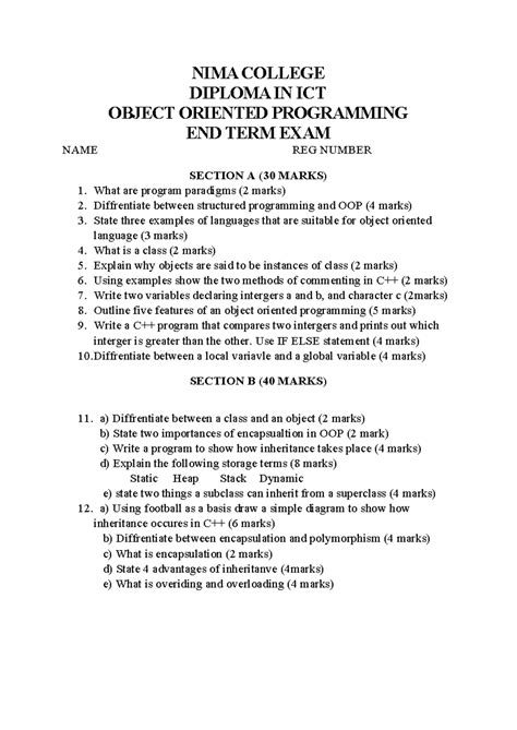 Oop Oriented Programming Past Paper Nima College Diploma In Ict Object Oriented Programming