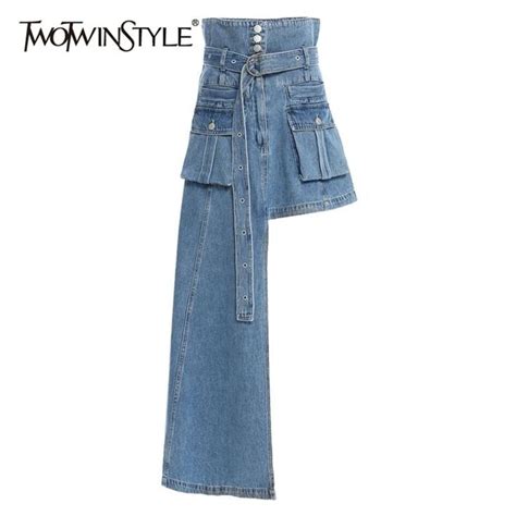 Twotwinstyle Asymmetrical Skirt For Women High Waist With Sashes