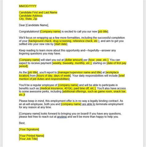 Sample Job Offer Letter Template