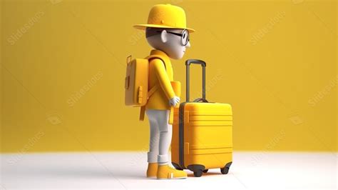 免費可愛的卡通人物旅行者帶著黃色手提箱漫步ppt背景下載 Slidesdocs
