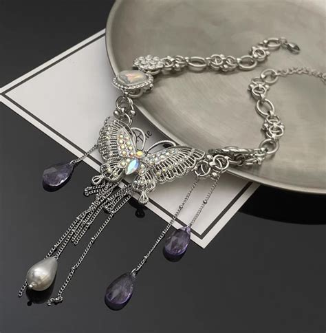 Baroque Style 3d Crystal Butterfly Tassel Chain Necklace 💜 Sugarplum