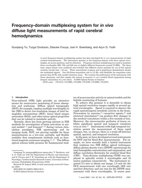 Pdf Frequency Domain Multiplexing System For In Vivo Diffuse Light