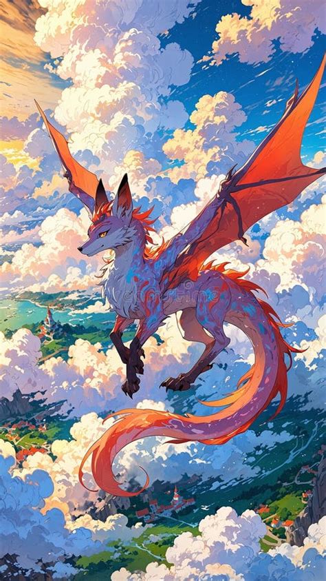 Anime Mystical Dragon Fox Hybrid Soars Above Magical Kingdom Fantasy